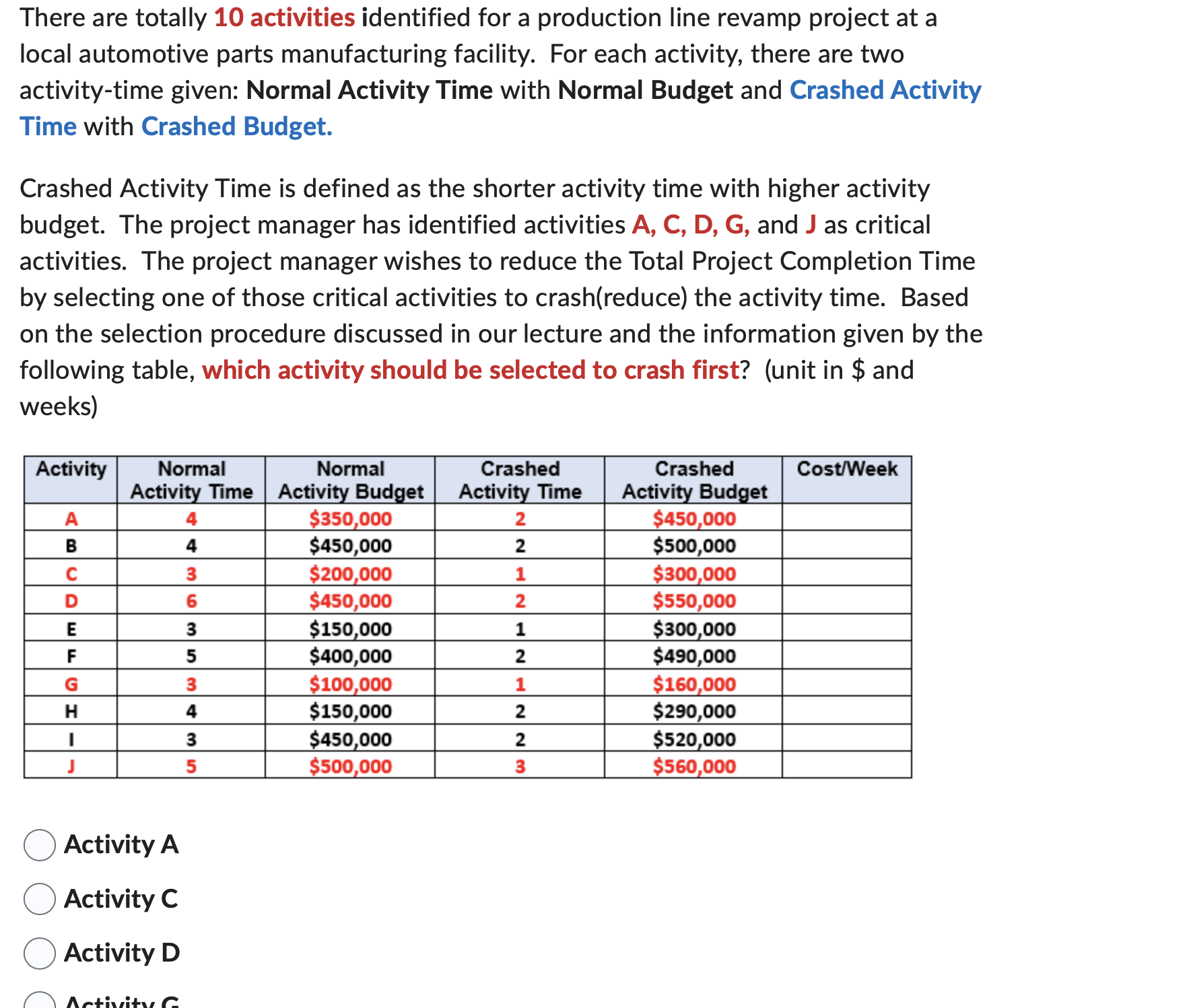 Solved Question 2 options: Activity A Activity C Activity D | Chegg.com