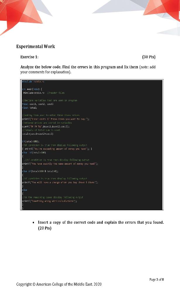Solved Experimental Work Exercise 1: (30 pts) Analyze the | Chegg.com