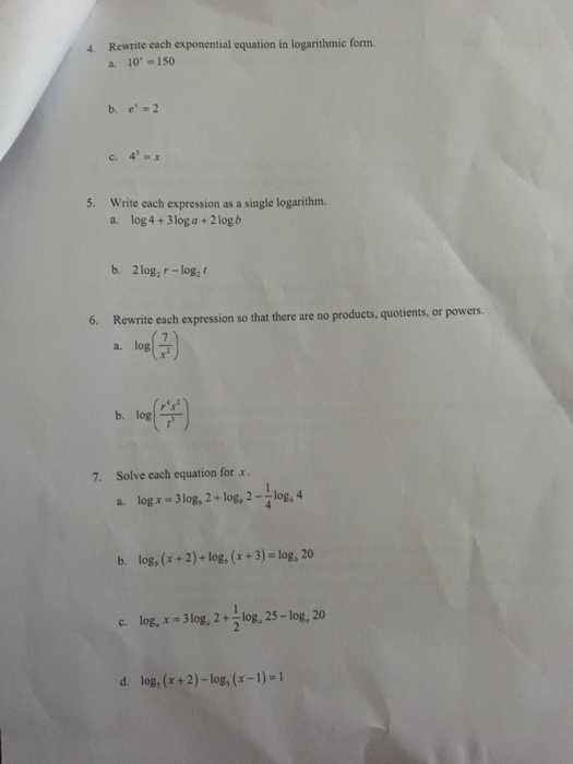 Solved Rewrite cach exponential equation in logarithmic | Chegg.com