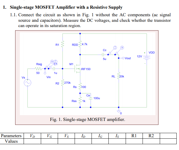 Solved 1. Single-stage MOSFET Amplifier with a Resistive | Chegg.com