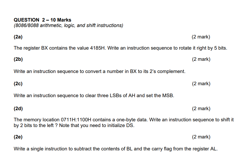 Solved QUESTION 2- 10 Marks (8086/8088 arithmetic, logic, | Chegg.com