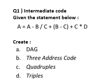 Solved Q1 ) Intermediate code Given the statement below : A | Chegg.com