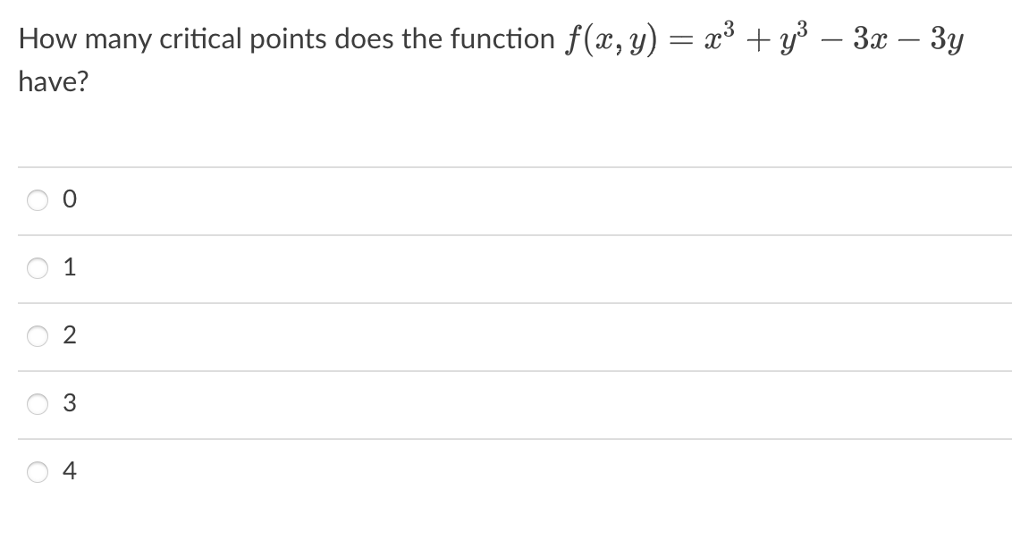 Solved How many critical points does the function f(x, y) = | Chegg.com