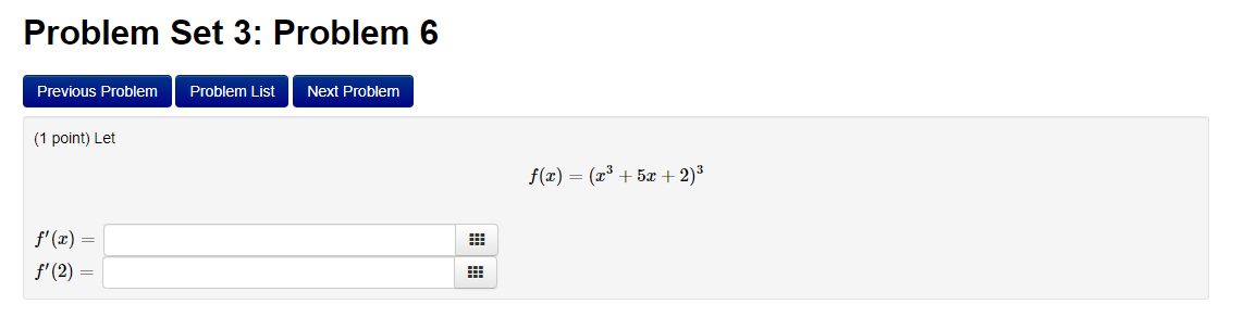 Solved (1 ﻿point) ﻿Letf(x)=(x3+5x+2)3f'(x)=f'(2)= | Chegg.com