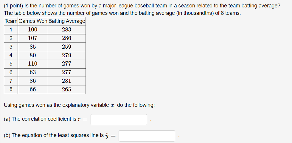 Solved (1 point) Is the number of games won by a major | Chegg.com