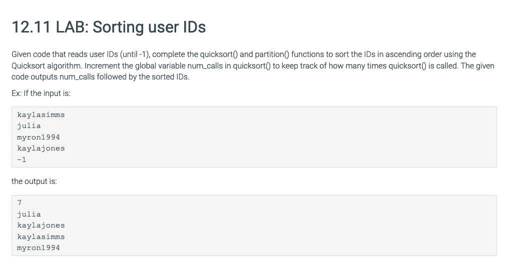 Solved 12.11 LAB: Sorting user IDs Given code that reads | Chegg.com
