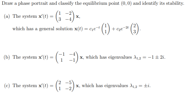 Solved Draw a phase portrait and classify the equilibrium | Chegg.com