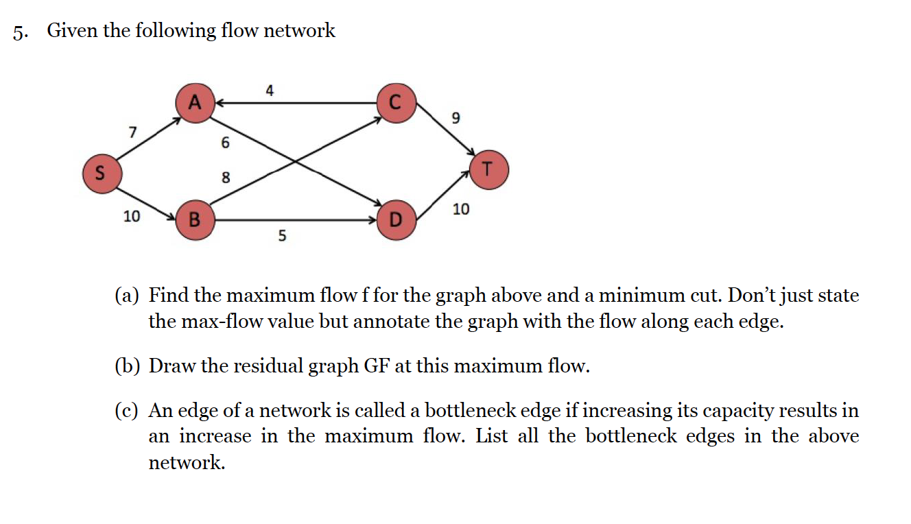 Solved 5. Given the following flow network 4 А 9 6 S T 8 10 | Chegg.com