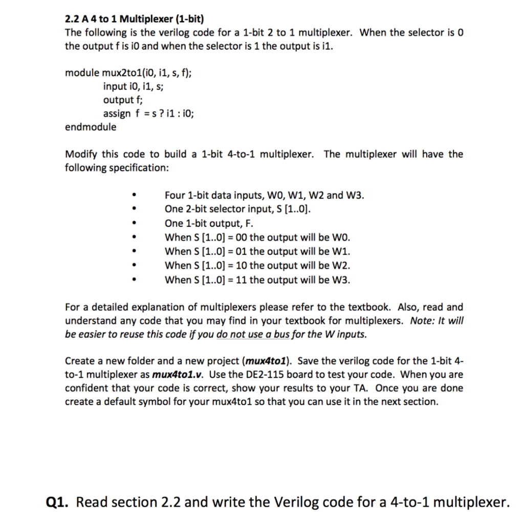 Solved 2.2 A 4 to 1 Multiplexer (1-bit) The following is the | Chegg.com
