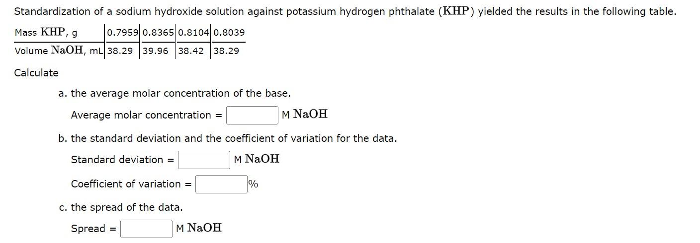 Solved Standardization of a sodium hydroxide solution | Chegg.com