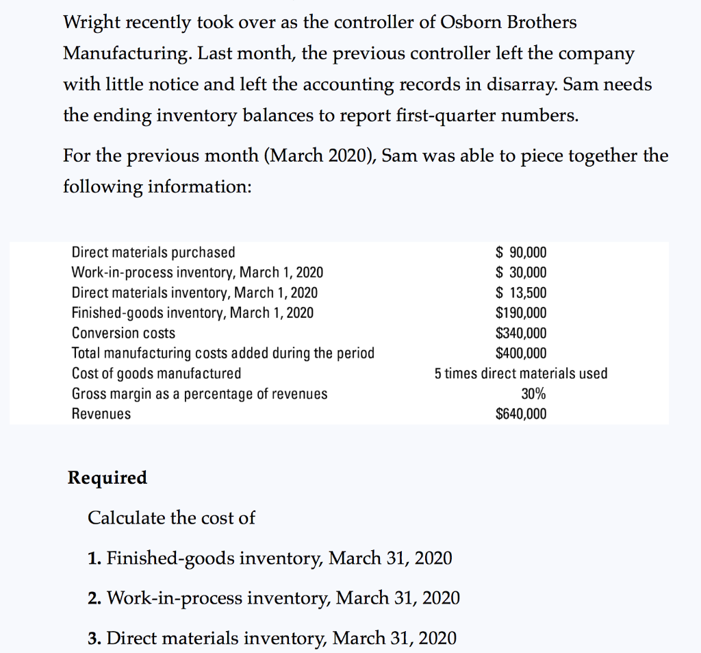 Solved Wright recently took over as the controller of Osborn | Chegg.com