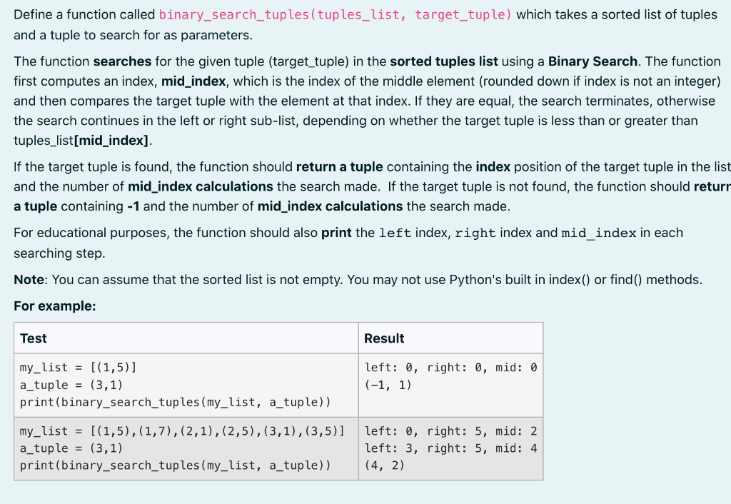 Solved Define a function called binary_search_tuples | Chegg.com