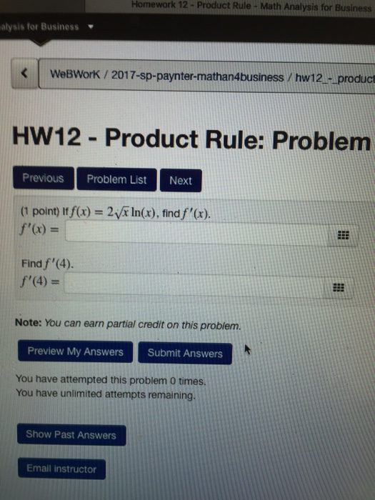 Solved Homework 12 Product Rule Math Analysis for Business | Chegg.com