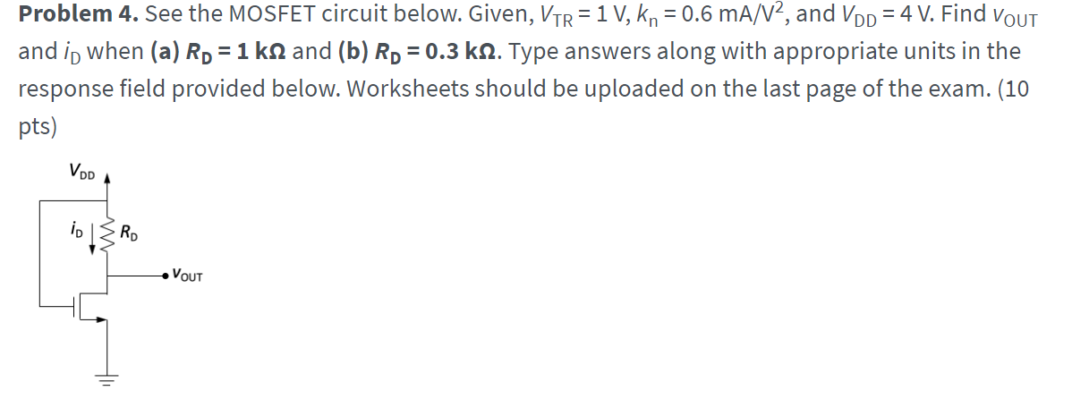 Solved Problem 4. See the MOSFET circuit below. Given, Vtr = | Chegg.com