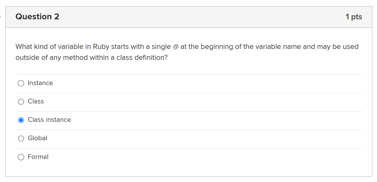 Solved What kind of variable in Ruby starts with a single @ | Chegg.com