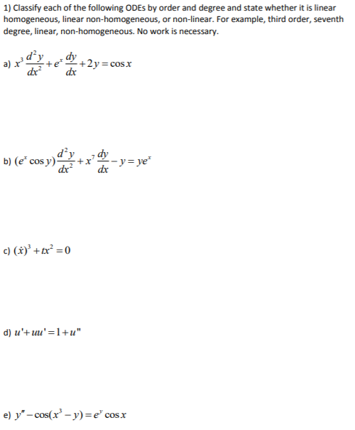 Solved 1) Classify each of the following ODEs by order and | Chegg.com