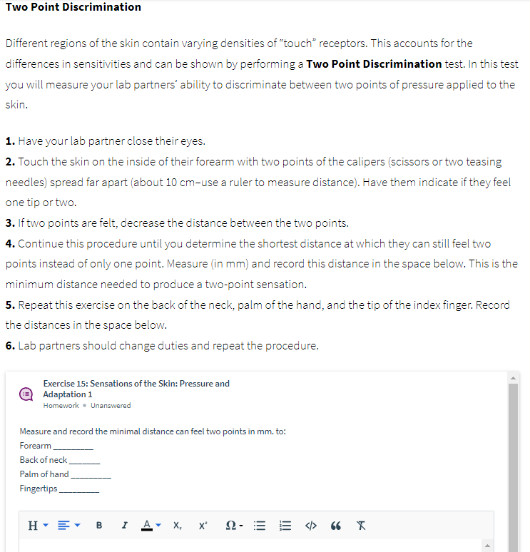 Two Point Discrimination Different regions of the | Chegg.com