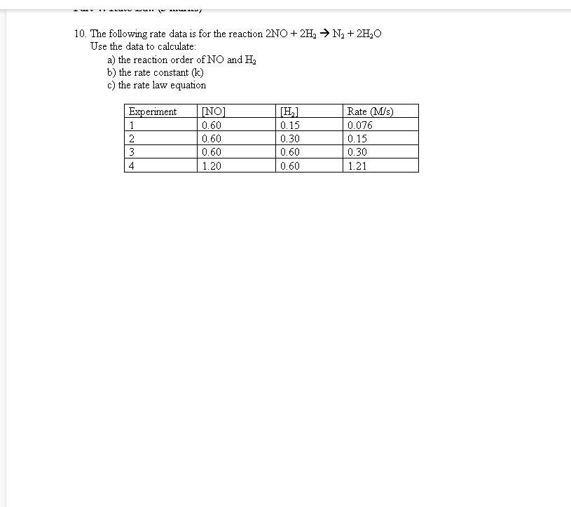Solved 10. The following rate data is for the reaction | Chegg.com