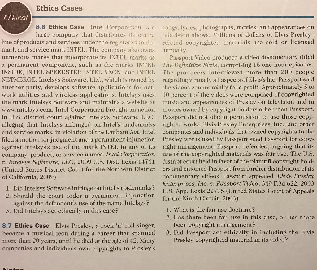 Solved Ethics Cases Ethical 8.6 Ethics Case Intel | Chegg.com