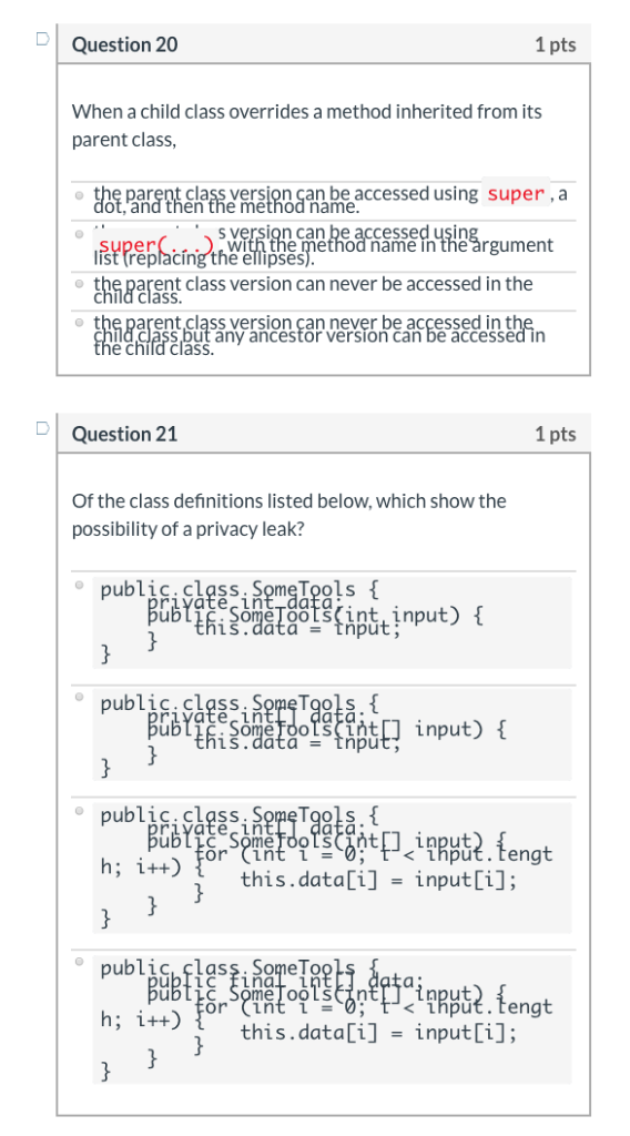 Solved Question 20 1pts When a child class overrides a | Chegg.com