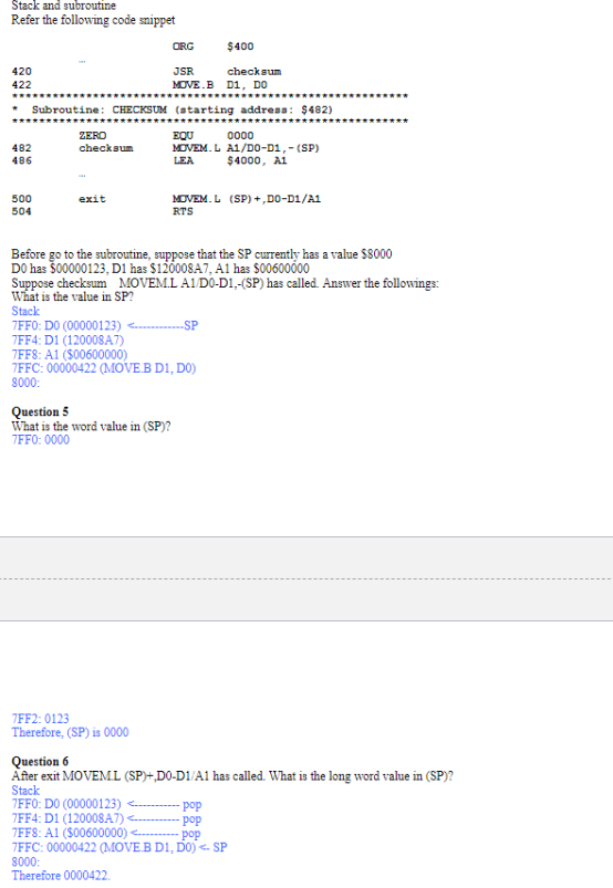Stack and subroutine Refer the following code snippet | Chegg.com