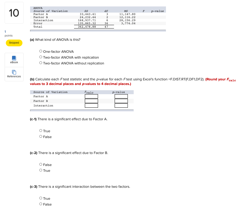 Solved 10 P Value Anova Source Of Variation Factor A Factor 2079