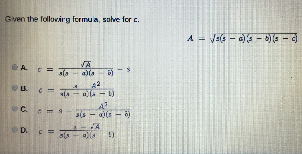 Solved Given the following formula, solve for c. VA OB. c= | Chegg.com