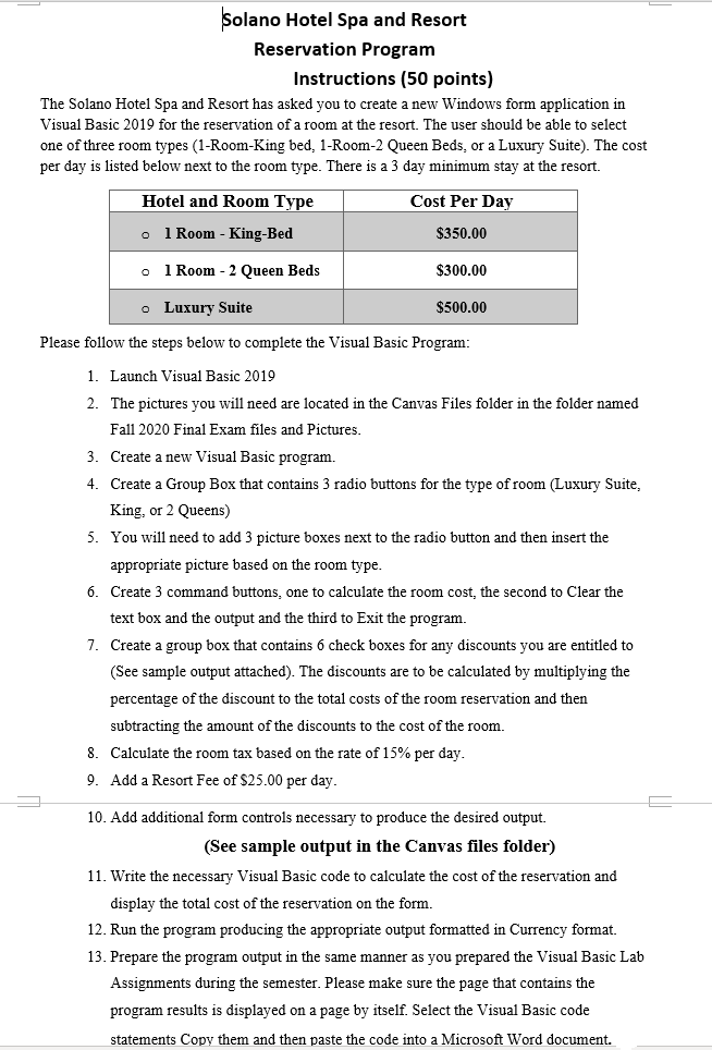 Solved Solano Hotel Spa and Resort Reservation Program | Chegg.com