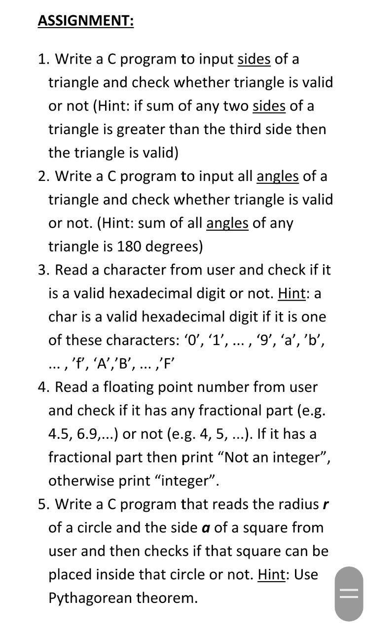 Solved ASSIGNMENT: 1. Write a C program to input sides of a | Chegg.com