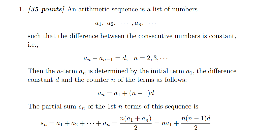 1. [35 points] An arithmetic sequence is a list of | Chegg.com