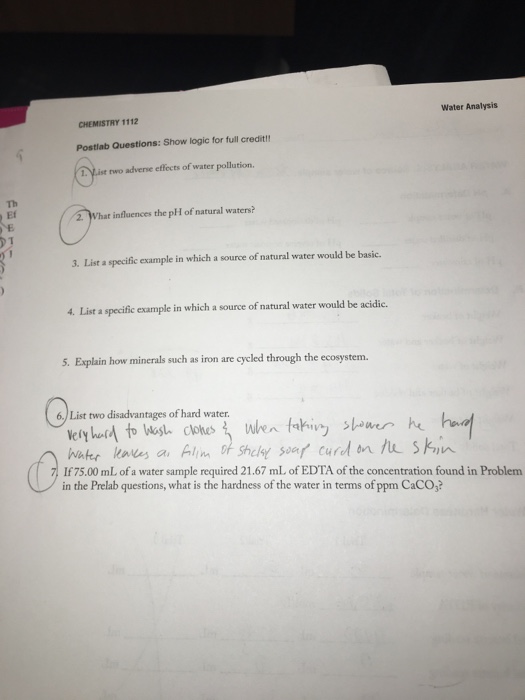 Solved Water Analysis CHEMISTRY 1112 Postlab Questions: Show | Chegg.com