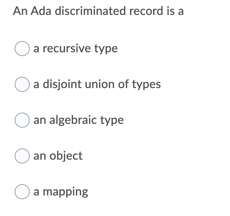 Solved An Ada discriminated record is a O a recursive type a | Chegg.com