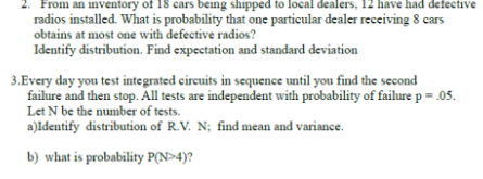 Solved From an inventory of 18 cars being shipped to local | Chegg.com