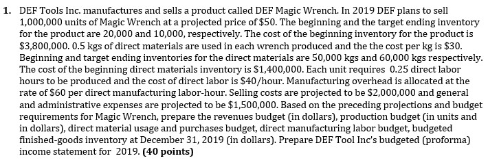 Solved 1. DEF Tools Inc. manufactures and sells a product | Chegg.com