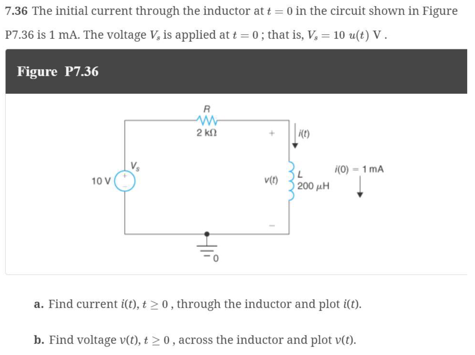 Solved 7.36 The initial current through the inductor at t=0 | Chegg.com