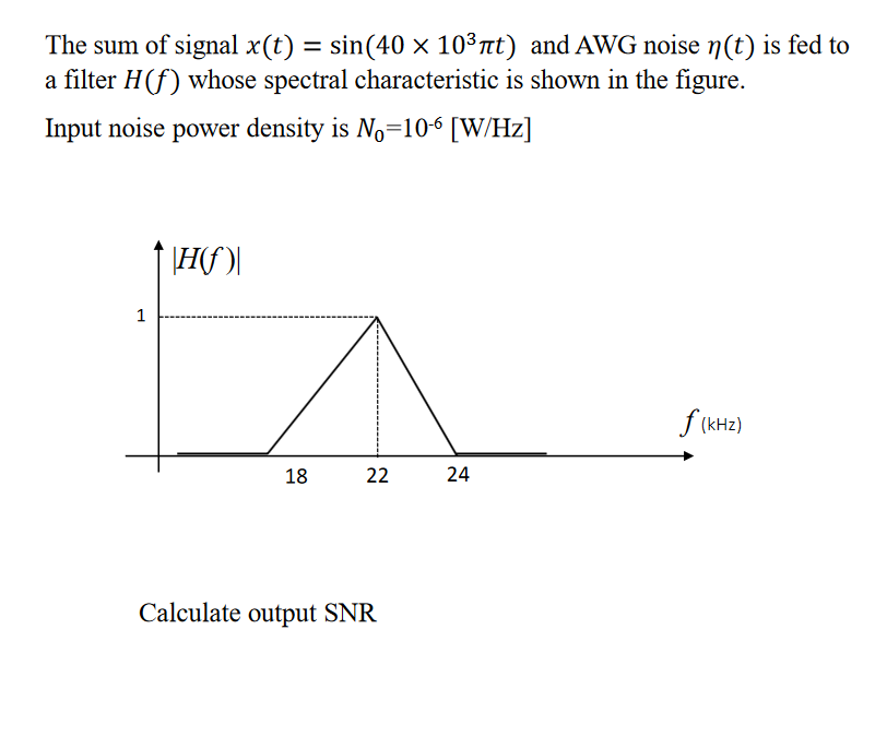 Solved The sum of signal x(t)=sin(40×103πt) and AWG noise | Chegg.com