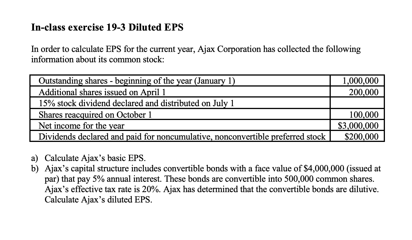 Solved In-class exercise 19-3 Diluted EPS In order to | Chegg.com