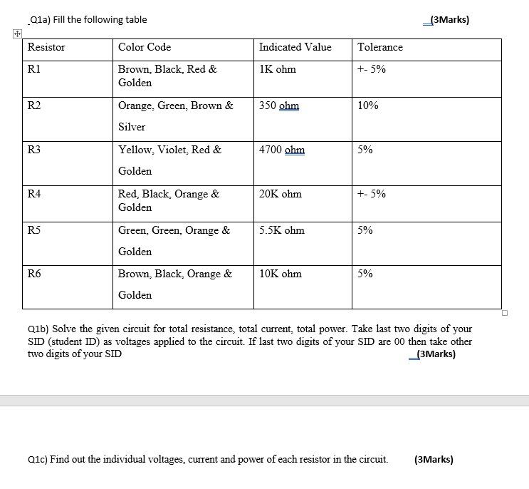 Solved Q1a) Fill the following table _(3Marks) + Resistor | Chegg.com