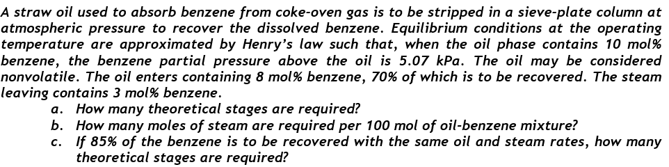 Solved A straw oil used to absorb benzene from coke-oven gas | Chegg.com