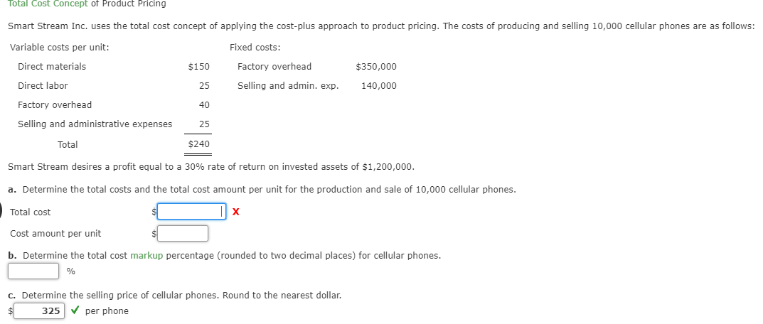 Solved Total Cost Concept of Product Pricing Smart Stream | Chegg.com Solved Total Cost Concept of Product Pricing Smart Stream | Chegg.com