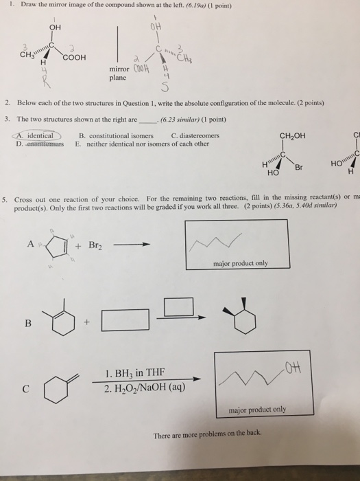 Solved I. Draw the mirror image of the compound shown at the | Chegg.com