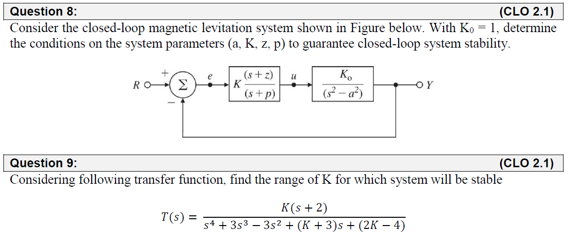 Solved Question 8: (CLO 2.1) | Consider the closed-loop | Chegg.com