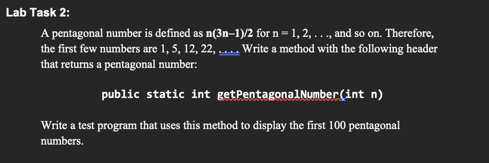 Solved Lab Task 2: A pentagonal number is defined as | Chegg.com