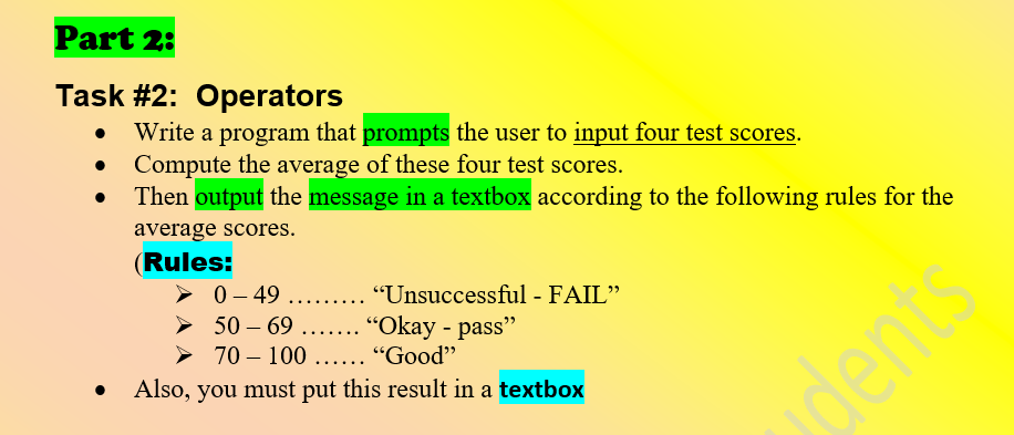 Solved Part 2 O 0 Task 2 Operators Write A Program That 3400
