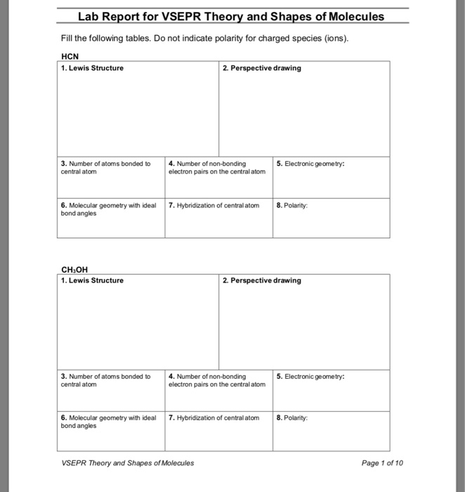 Solved Lab Report for VSEPR Theory and Shapes of Molecules | Chegg.com