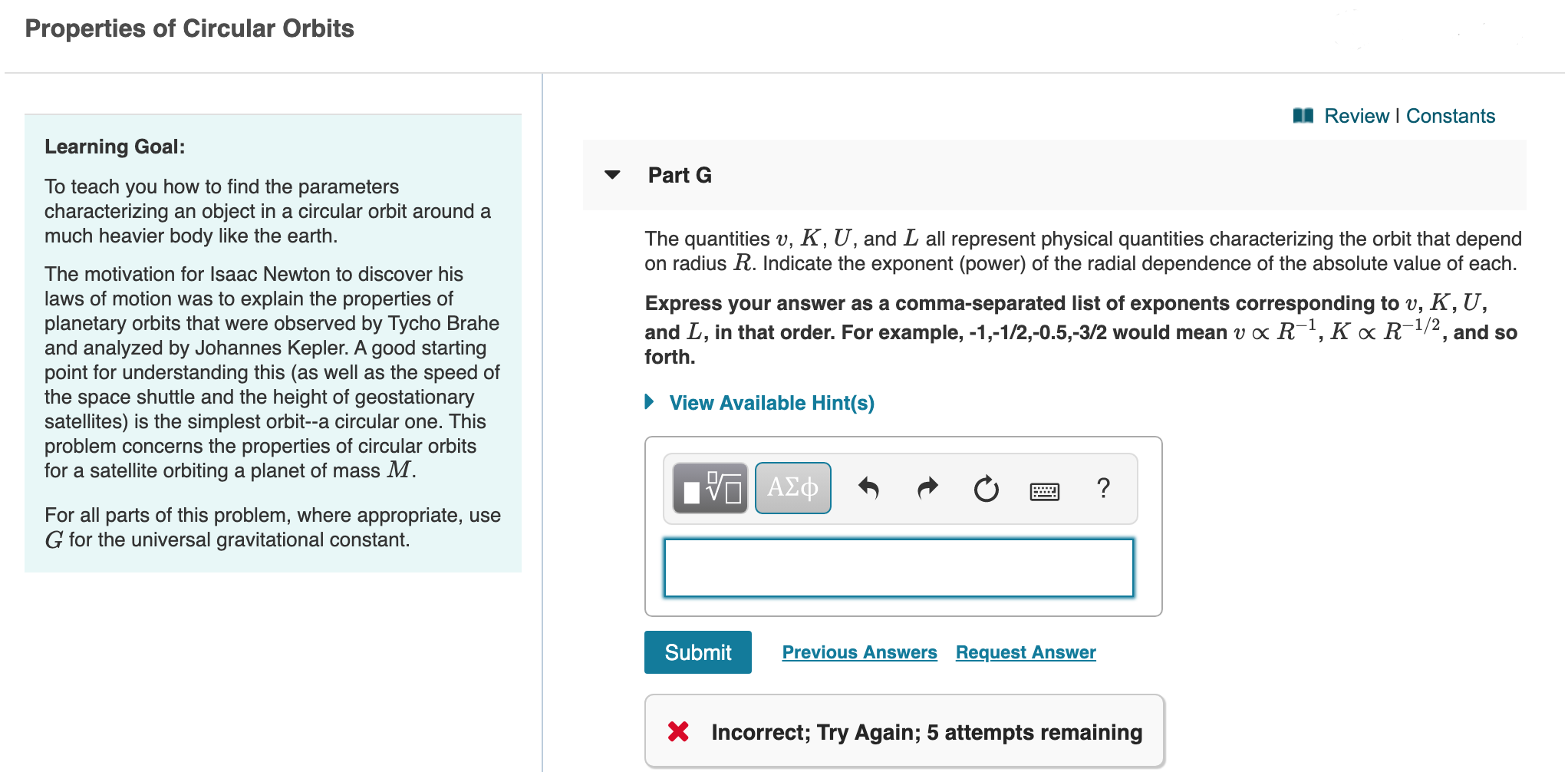 Solved Properties of Circular Orbits A Review | Constants | Chegg.com