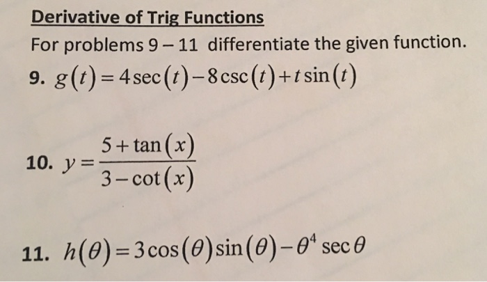 Solved Derivative of Trig Functions For problems 9-11 | Chegg.com