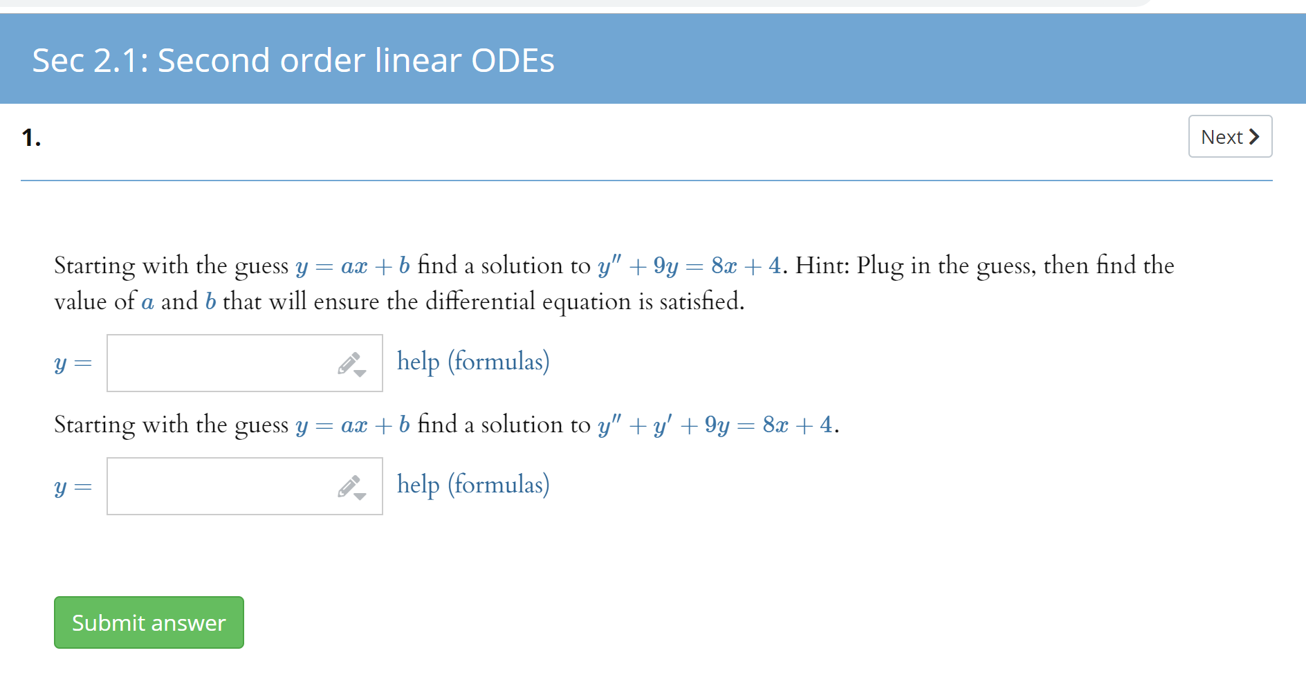 Solved Sec 2.1: Second order linear ODES Next > Next > | Chegg.com