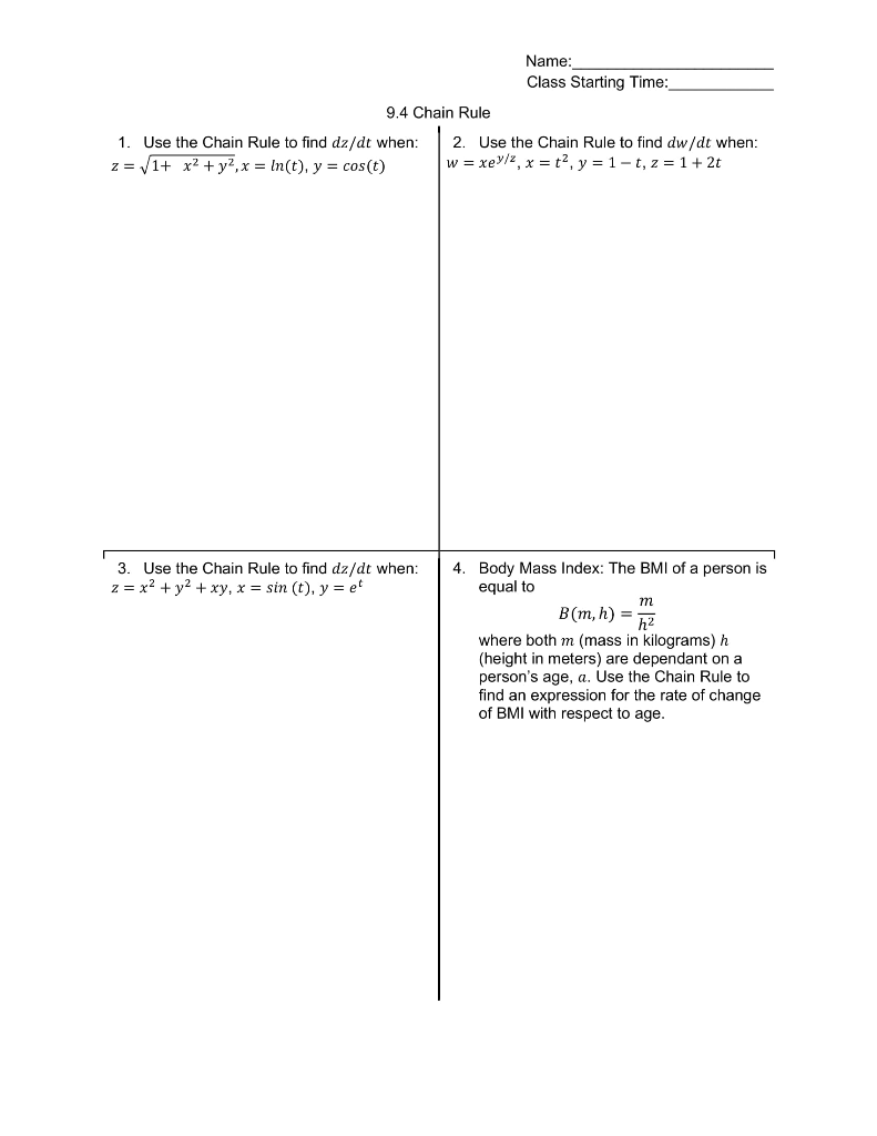 Solved Name: Class Starting Time: 9.4 Chain Rule 1. Use the | Chegg.com