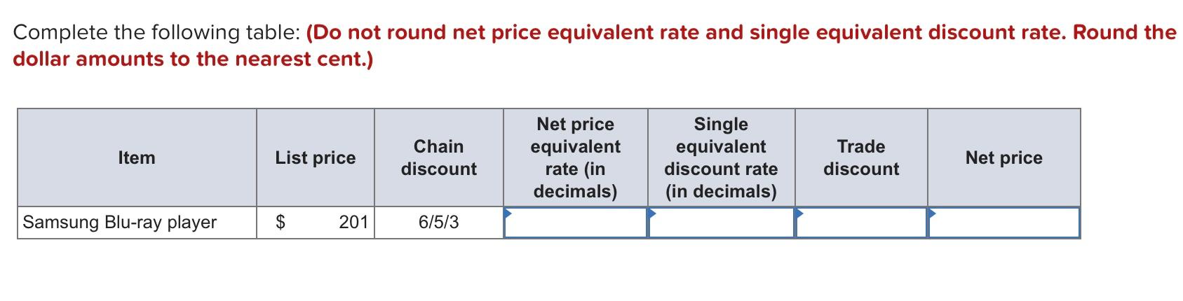 Solved Complete the following table: (Do not round net price | Chegg.com
